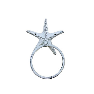 Handcrafted Nautical Decor Rustic Whitewashed Cast Iron Starfish Towel Holder 8.5" - Decorative Starfish -