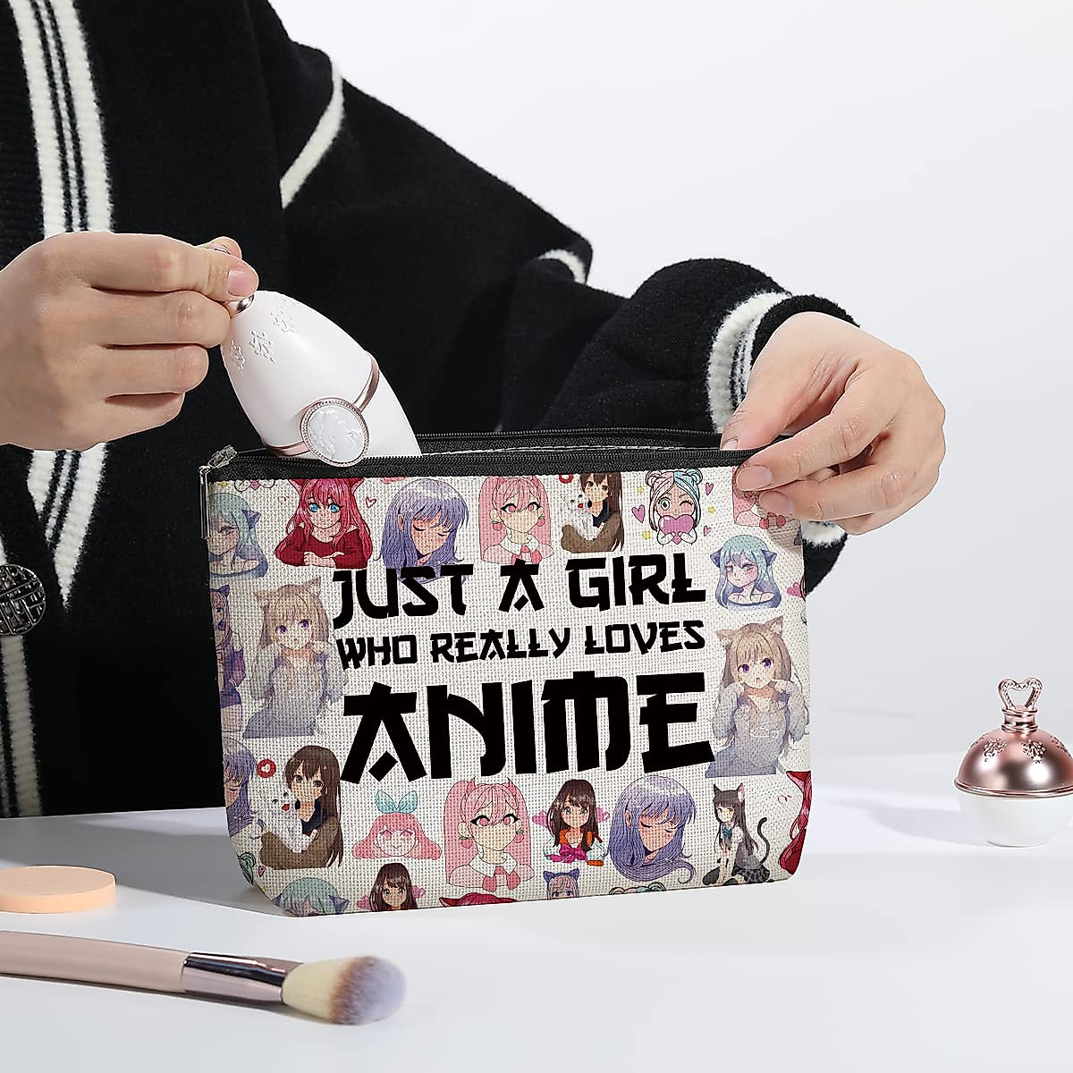 kdxpbpz Cosmetic Bag for Women, Waterproof Flax Material, Anime Lover Gifts for Girls, Travel Makeup Organizer Zipper Pouch