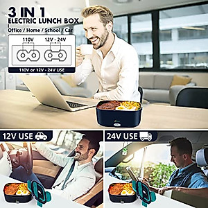 Yoorbee Electric Lunch Box Food Heater, 60W Heated Lunch Boxes for Adults,Durable 3-In-1 Portable Food Warmer for Car& Home/Office,Leak-proof,with Fork&Spoon,Carry Bag