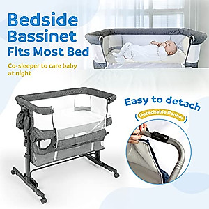 3 in 1 Baby Bassinet, Upgraded Beside Crib with 360° Highly Visible Mesh wall, Comfy Co-sleeper Bassinet with mattress, 5 Level Adjustable Height, Foldable & Portable BabyTravel Crib for Newborn, Grey