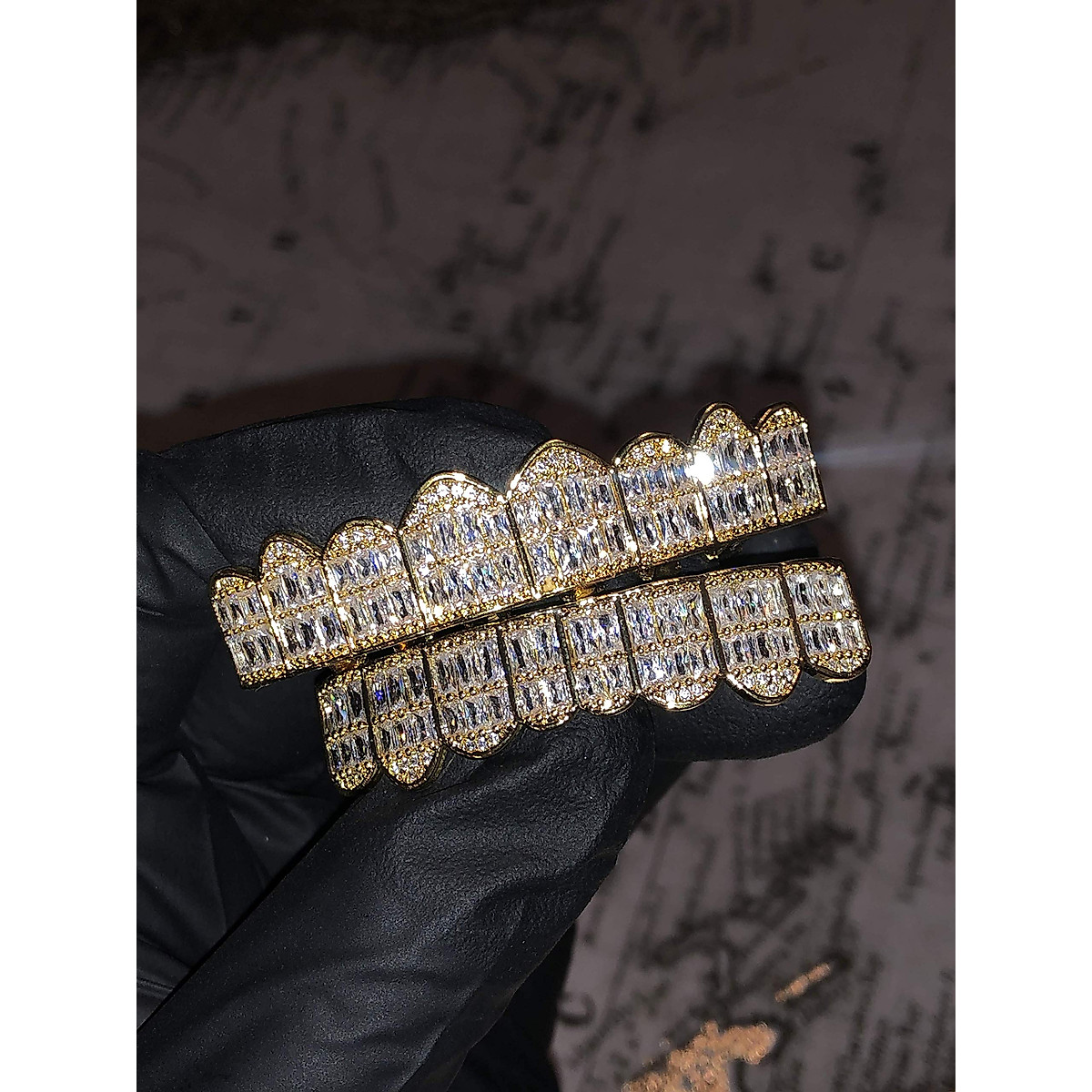14k Iced Baguette Set 8 Teeth Joker Gold Grillz for Mouth Top Bottom Hip Hop Teeth Grills for Teeth Mouth Grillz for Mouth Top Bottom (Gold)