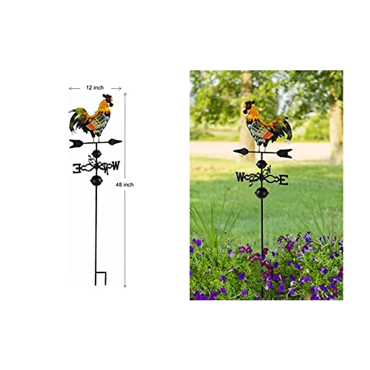 Westcharm 48 in. Crowing Metal Rooster Weathervane | Wind Wheel Decorative Garden Stake with Rooster Ornament | Chicken Garden Weather Vane
