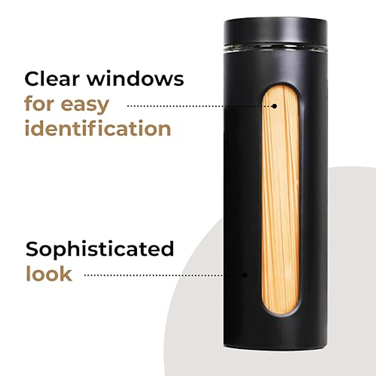 JS Gourmet 4 Pcs Stainless Steel Canisters Set for Kitchen with Glass Window and Airtight Lid, Perfect for Storing Coffee, Spaghetti, Sugar, Beans and Dry Ingredients (Black)