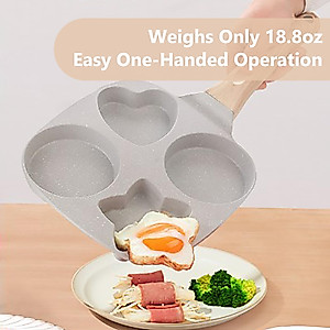 4 Cup Egg Frying Pan, Easy Breakfast Egg Pancake Burger Cooker, Aluminium Alloy Nonstick Frying Pot with Portable Wood Handle for Gas Stove & Induction Cookware