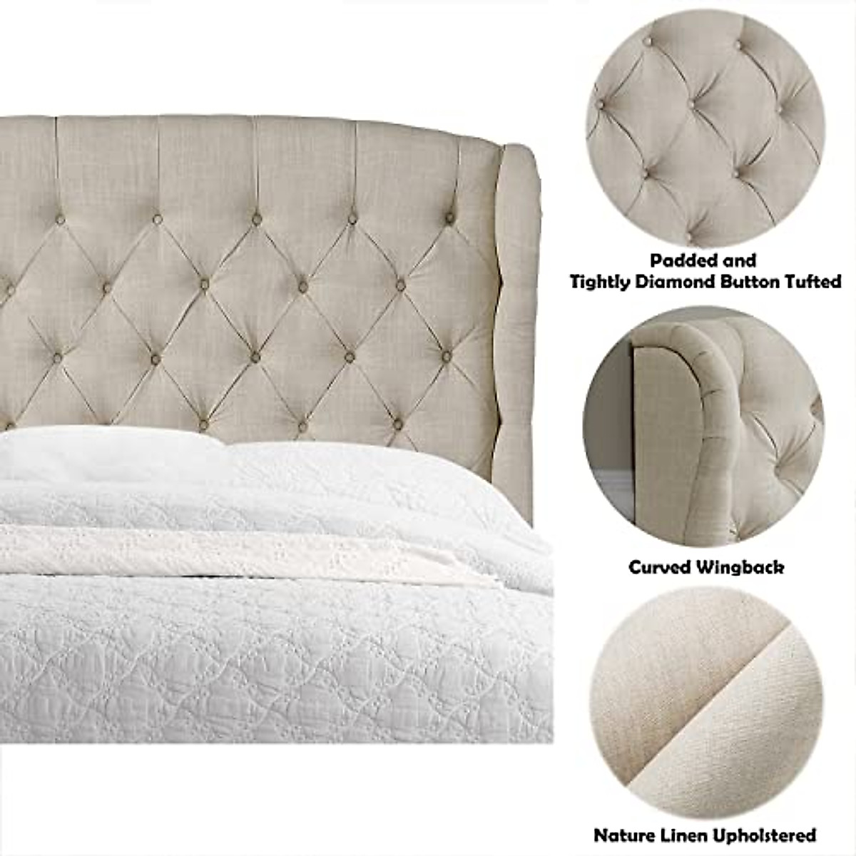 Rosevera Clancy Adjustable Heigh Headboard with Linen Upholstery and Button Tufting for Bedroom, King, Classic Beige