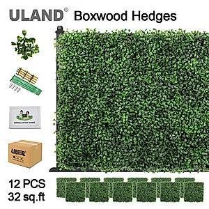 ULAND Artificial Grass Wall Panels, 12pcs 20"x20" Boxwood Hedges Mats, Greenery Backdrop Garden Privacy Screen Fence