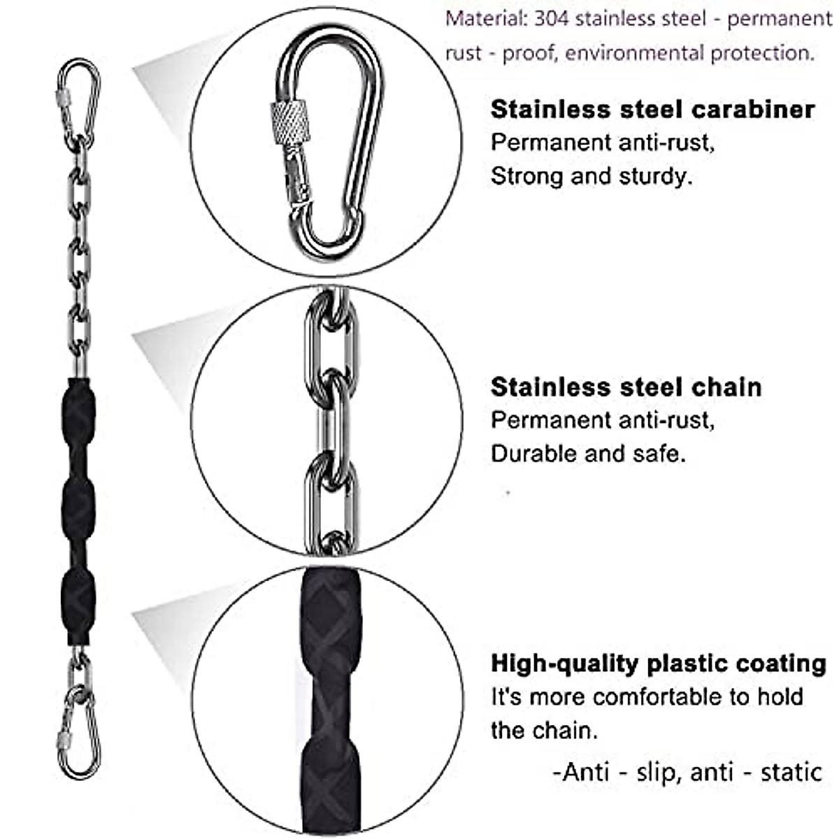 Dakzhou 2 Stainless Steel Chains (64 "), 4 Quick Connection Buckles, Never Rust Swing Hardware for Hammock Chairs, Swings, sandbags, up to 1000LB