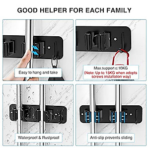 Mop Broom Holder Wall Mounted SUS304 Stainless Steel, HOMEASY Mop Broom Organizer with 2 Installation Methods (No Drilling & Screw Drilling Installation 2 In 1), Mop Hanger Heavy Duty with Hooks, 2PCS