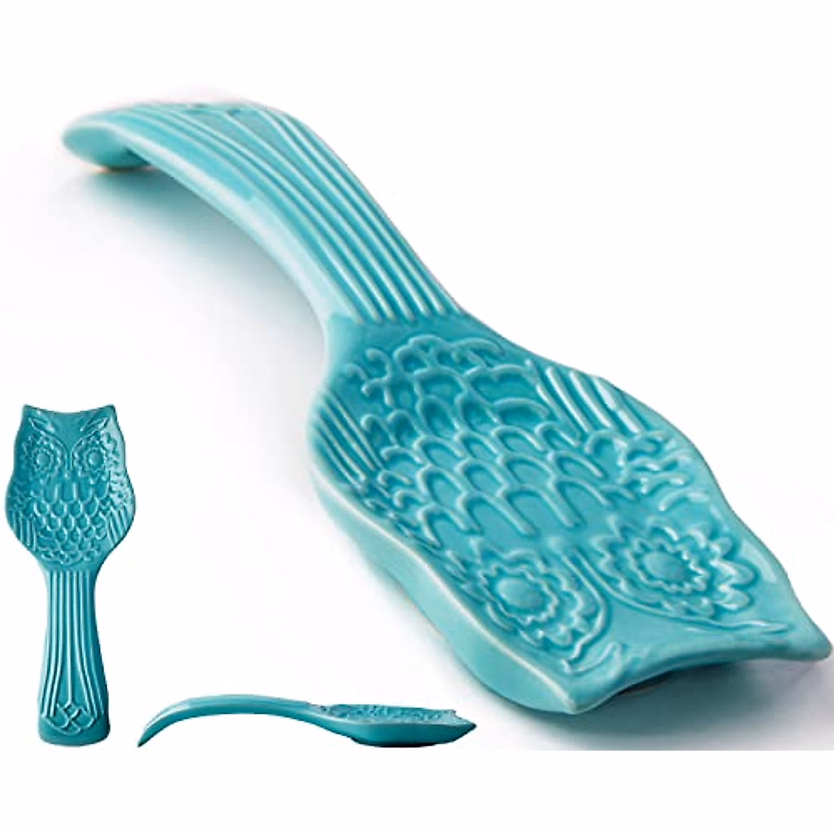 Decorative Owl Spoon Rest for Kitchen Countertop – Modern Farmhouse Spoon Holder for Stove in Lovely Aqua Blue, made with Chip-free Ceramic – Dishwasher Safe Utensil Rest