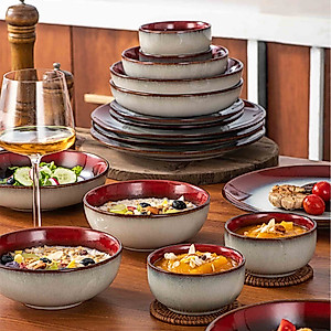 Henten Home Ceramic Small Bowl Set of 4, 8 oz Porcelain Bowls for Snack, Rice, Soup, Noodle, Serving Stoneware Bowls, Reactive Glaze, Microwave & Dishwasher Safe (Red)
