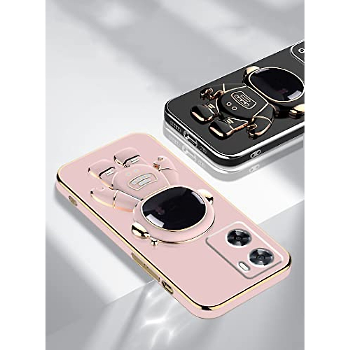 Compatible with Oppo A57 4G Case Silicone TPU Plating, Oppo A57 4G Cases Cute Astronaut Pattern Phone Case with Stand (Black)