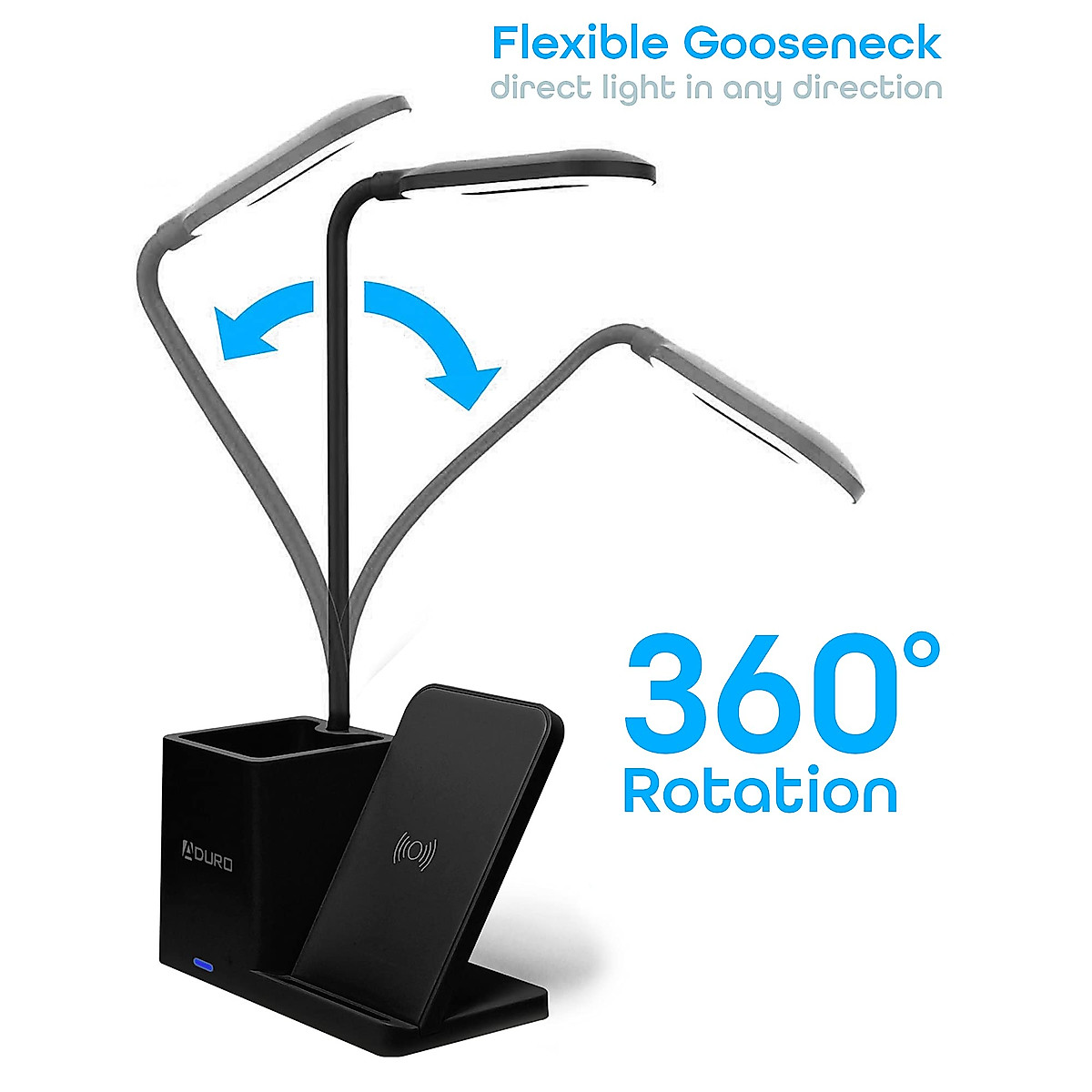 Aduro U-Light LED Desk Lamp Organizer Desk Light with Pen Holder & QI Wireless Charger Stand Black