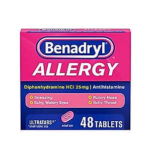 Benadryl Ultratabs Antihistamine Allergy Relief Tablets, Diphenhydramine HCl 25mg, 48 ct