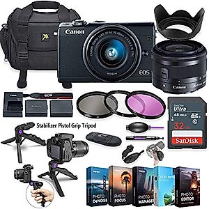 Canon EOS M100 Mirrorless Digital Camera with 15-45mm Lens (Black) + 5 Photo/Video Editing Software Package & Accessory Kit (Renewed)