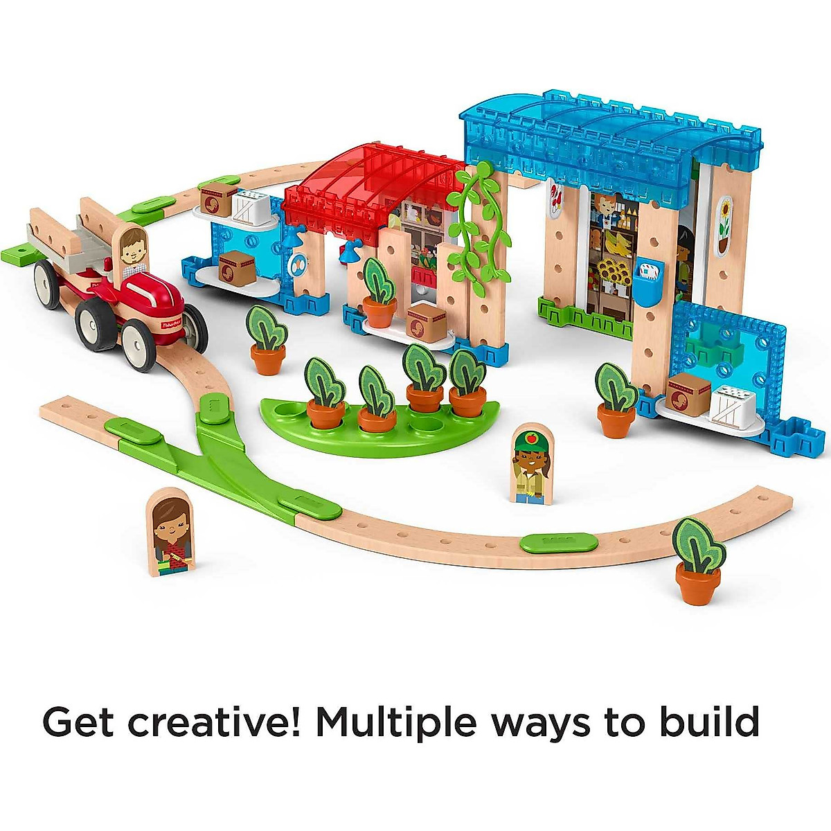 Fisher-Price Wooden Building Toy Wonder Makers Design System Build Around Town Starter Kit, 75 Wood Piece Playset for Preschool Kids Ages 3+ Years