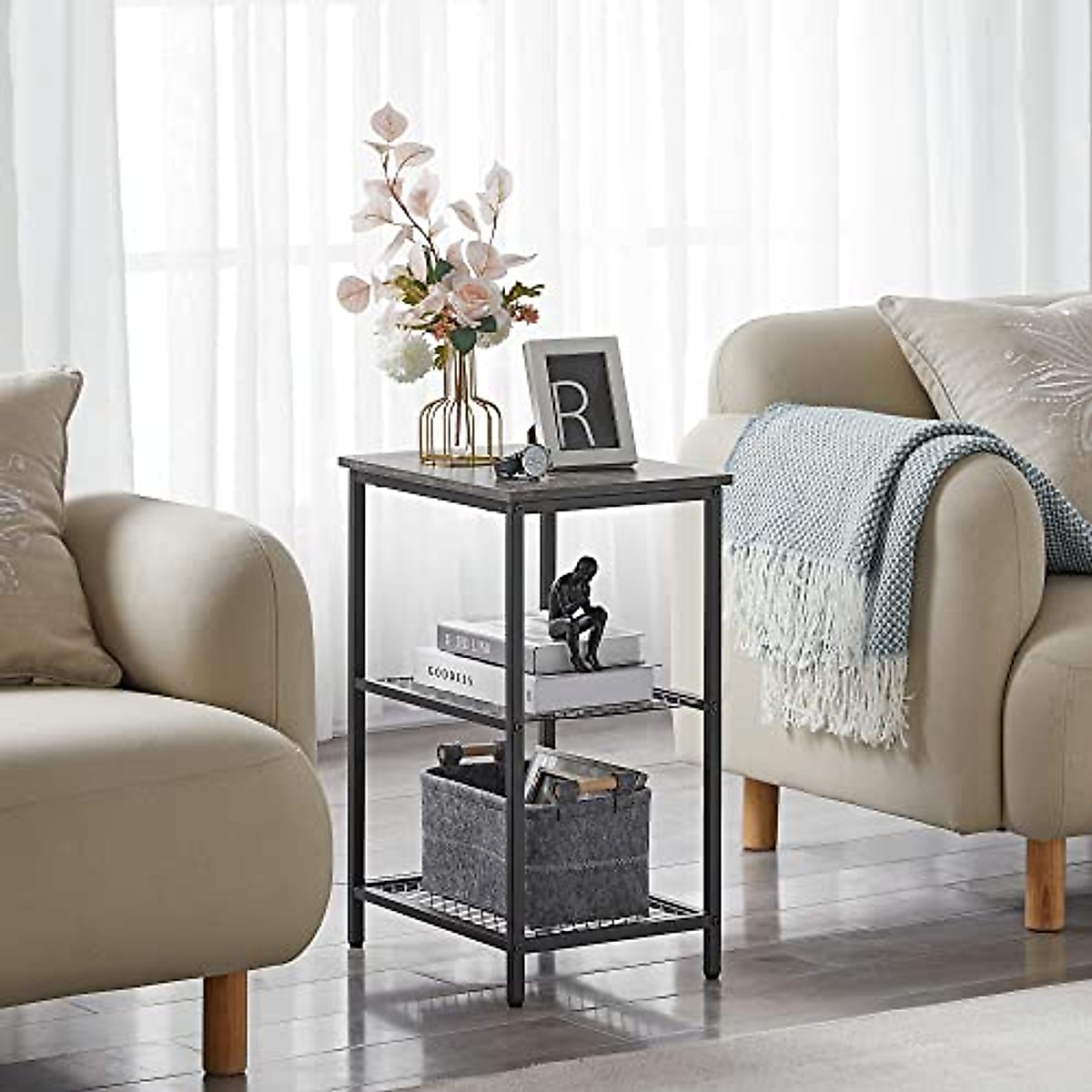 VECELO 3-Tier End Tables, Small Nightstands with Storage Shelf, Industrial Night Stand for Living Room Bedroom, Metal Frame, 1 Pack(A), Misty Gray
