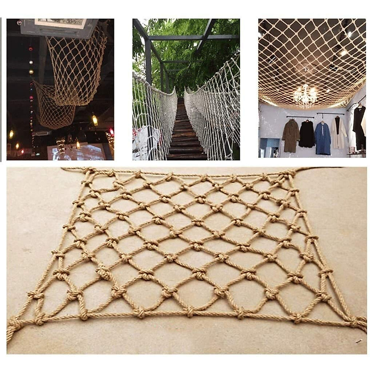 Hynet Hemp Grid Safety Net, Indoor Ceiling Decorative Net Kids Climbing Net Children Swing Rope Netting Stair Anti Falling Net Pets Cargo Trailer Hammock (Size : 1 * 2m(3 * 7ft))