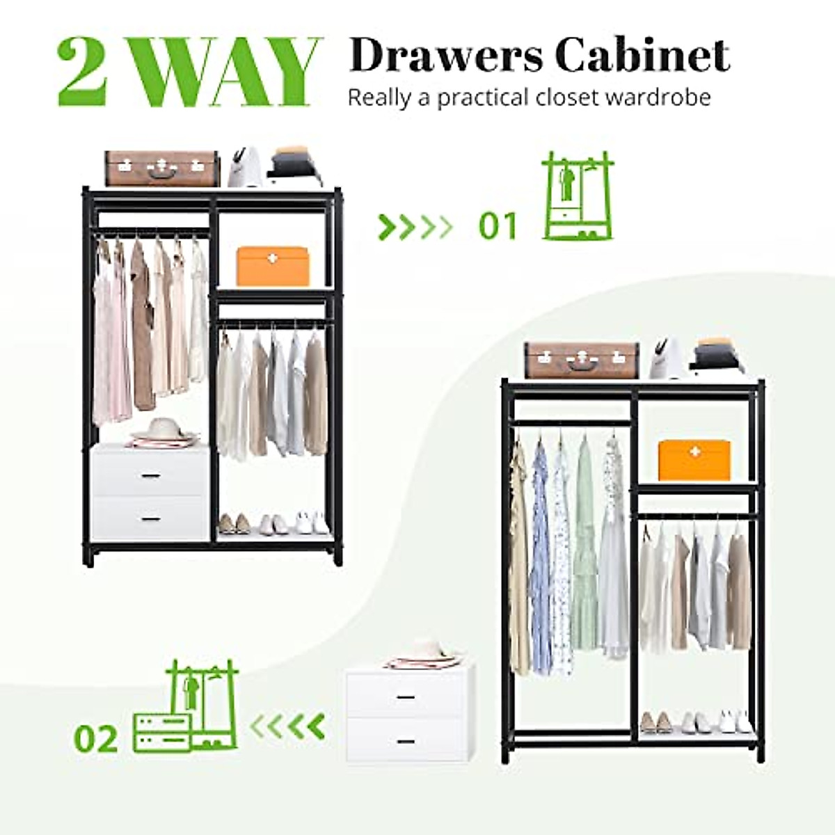 HOKEEPER 650lbs Freestanding Closet Organizer with Drawers and Shelves Heavy Duty Metal Wardrobe Closet Storage Shelves for Hanging Clothes Clothing Garment Rack Closet with Shelves for Bedroom White