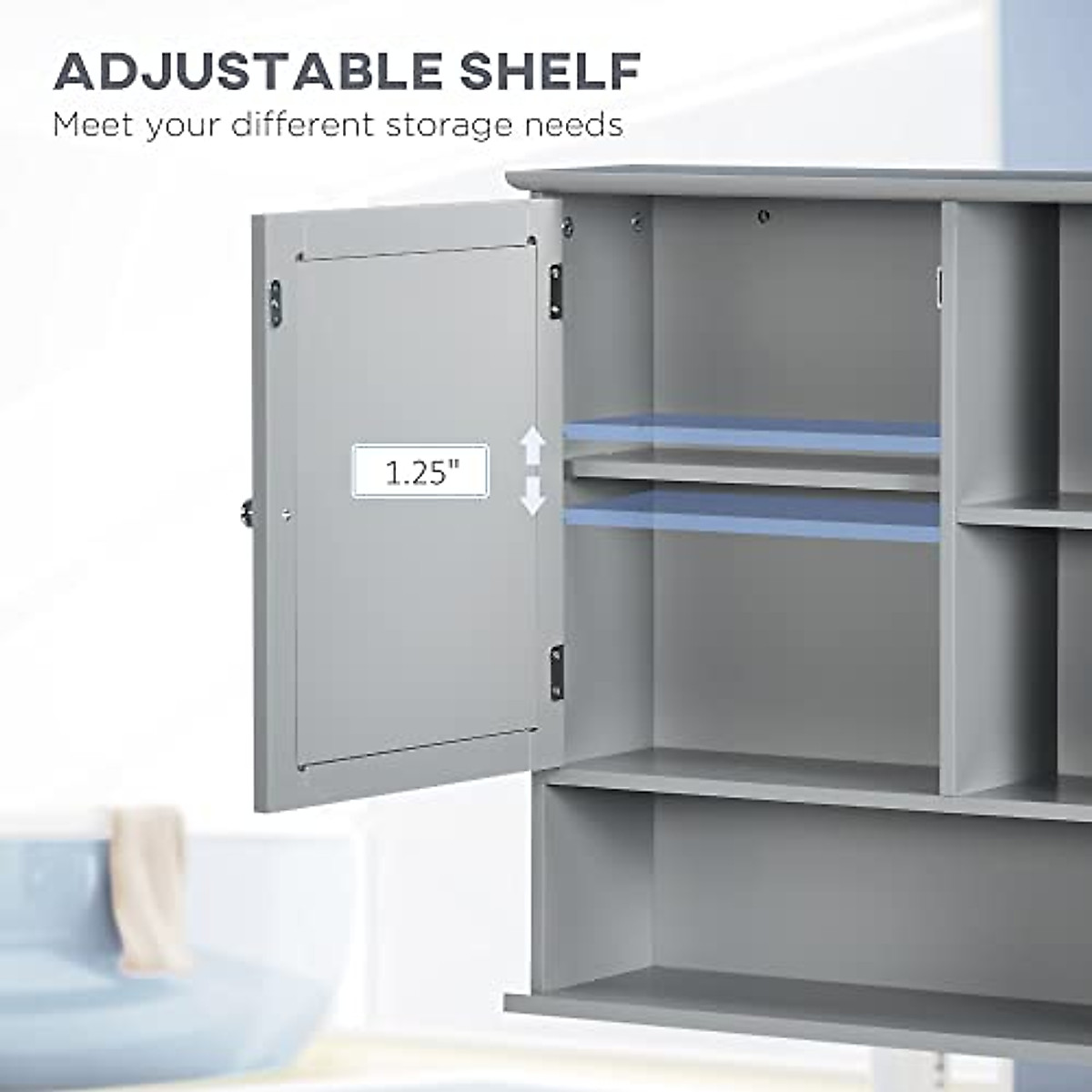 kleankin Bathroom Medicine Cabinet with Mirror, Wall-Mounted Bathroom Cabinet with Adjustable Shelf for Living Room and Laundry Room, Gray