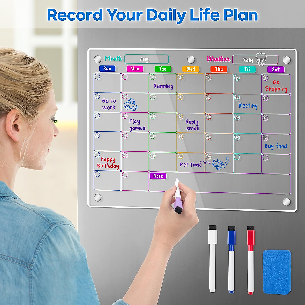 D-FantiX Clear Magnetic Calendar for Fridge, 6 Thickened Magnets Acrylic Dry Erase Board for Refrigerator, Set of 2 Family Monthly Weekly Planning Boards, Reusable Calendar and Blank Memo (15"x11")