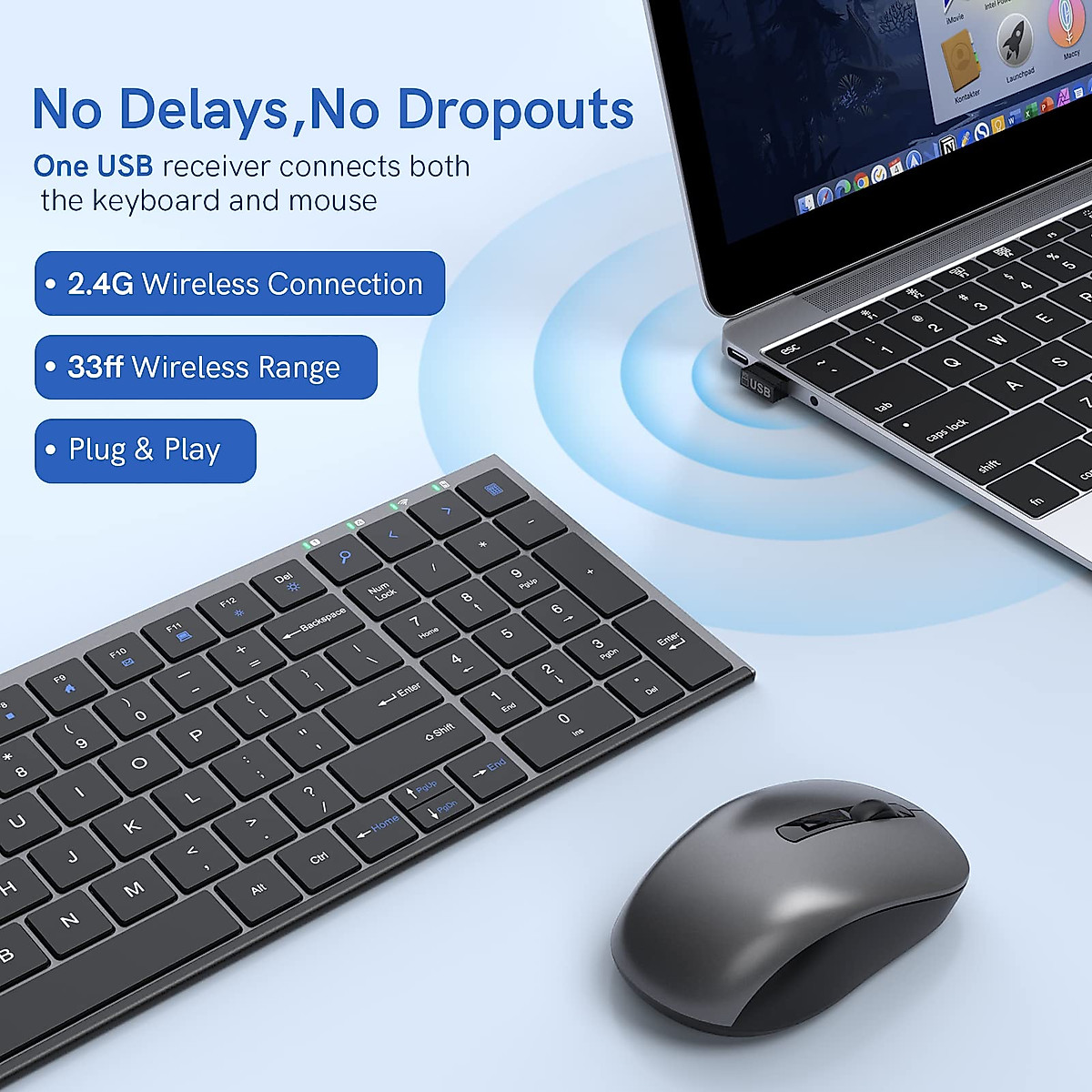 Wireless Keyboard and Mouse, Compact Slim Silent Keyboard with Number Pad, Low Profile Full Size Cordless Quiet Mouse Keyboard Combo for Windows, PC, Laptop (Grey)
