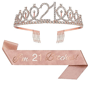 21st Birthday Decorations for Her - Rose Gold 21 Birthday Decorations, Rose Gold Banners, Balloons, Tablecloth, Fringe Curtain, Sash and Tiara for Women Girls Princess 21st Birthday Party Supplies