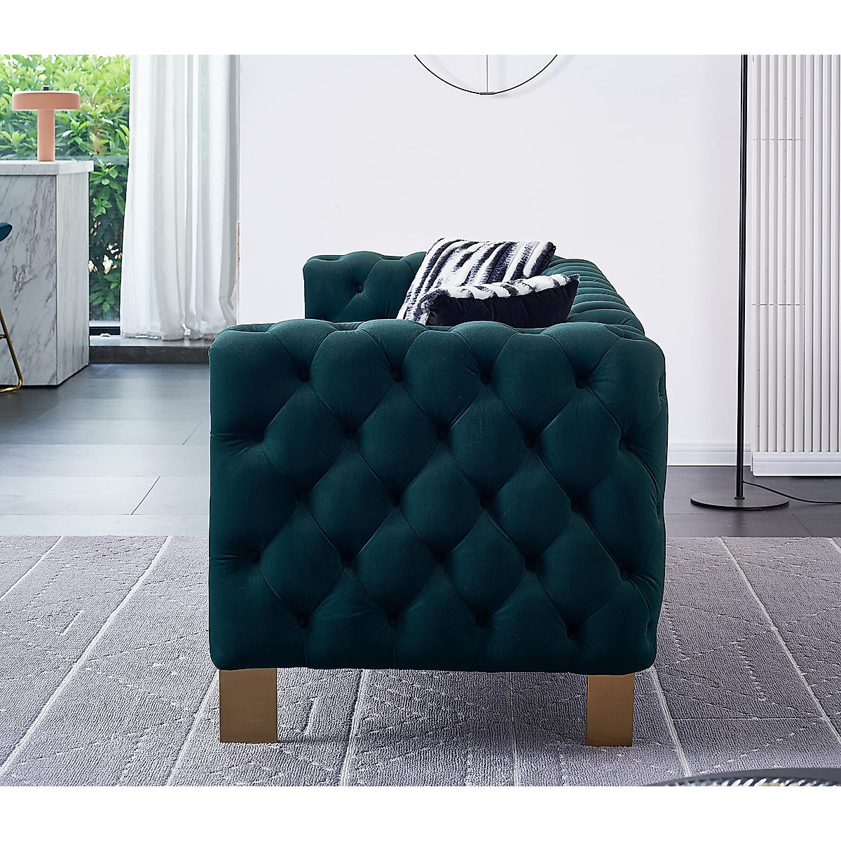 Kakotito Tufted Sofa Couch, 84 Inches Long Upholstered Sofa with 2 Pillows,High Arm and Strong Metal Legs, Couches for Living Room, Office, and Bedroom (Button Tufted, Green)