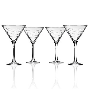Rolf Glass School of Fish Martini Glass | Stemmed 7.5 oz. Martini Glasses | Lead-Free Glass | Diamond-Wheel Engraved Cocktail Glasses | Made in the USA (Set of 4)