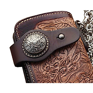 crazy hunter Dragon Skull Motorcylce Biker Cow Leather Card Holder Handmade Wallet With Chain L66