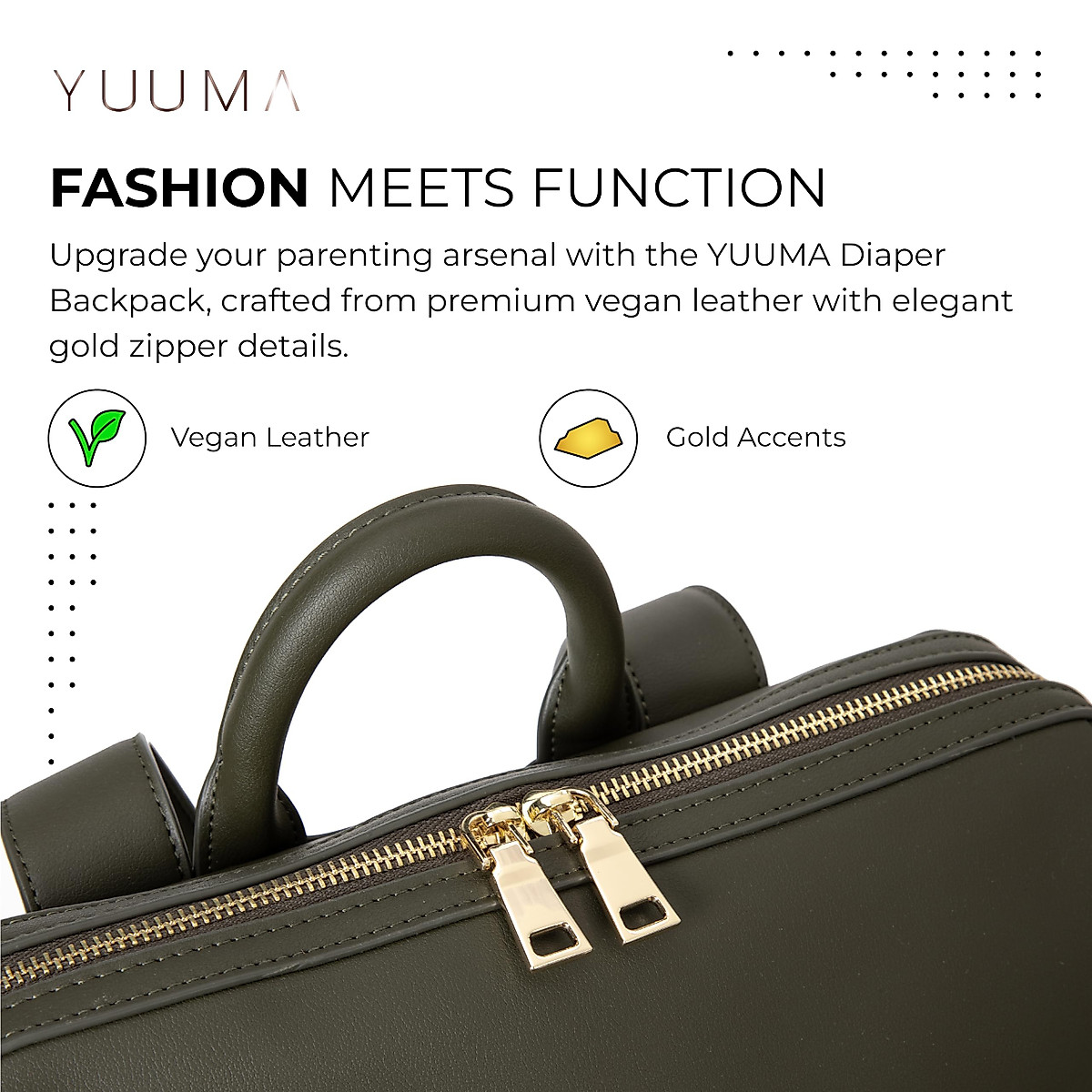 YUUMA Collection Original Diaper Backpack - Vegan Leather Baby Bag - Gold Zipper - Multiple Pockets - Easy Clean Nylon Interior - Many Colors - Modern Diaper Bag (Ivory)