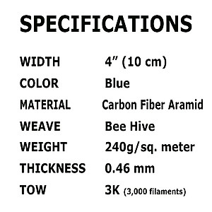 KARBXON - 4 in x 5 ft – Beehive Weave - Carbon Fiber Aramid Fabric - Blue - 3K - 240g/meter - Beehive Weave 4” Wide Hemmed Fabric for Repair, DIY Projects (5, Ft)