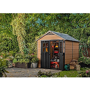 Keter Newton 7.5x9 Large Resin Outdoor Storage Shed Kit – Perfect to Store Patio Furniture, Garden Tools, Bike Accessories, and Lawn Mower, Mahogany Brown