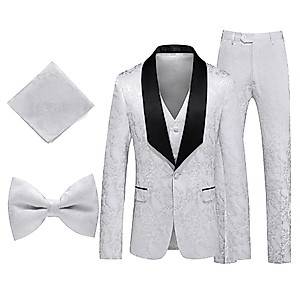 MOGU Mens 3 Piece Tuxedo Slim Fit Jacquard Floral Vintage Groomsmen Wedding Prom Suit Blazre 34 / Pants 31 White