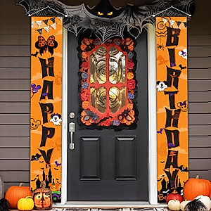 Halloween Birthday Party Decorations Door Banners, 2pcs Happy Birthday Porch Sign Banner, Cartoon Themed Party Supplies Decorations Welcome Door Banner for Halloween Birthday Party