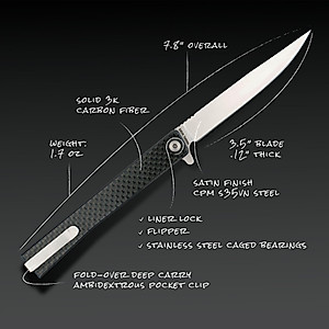 OCASO - Solstice Gentleman's Knife, 3.5" S35VN Steel, Titanium or Carbon Fiber, Ambidextrous Deep Carry Pocket Clip, Straight Blade 10CFS