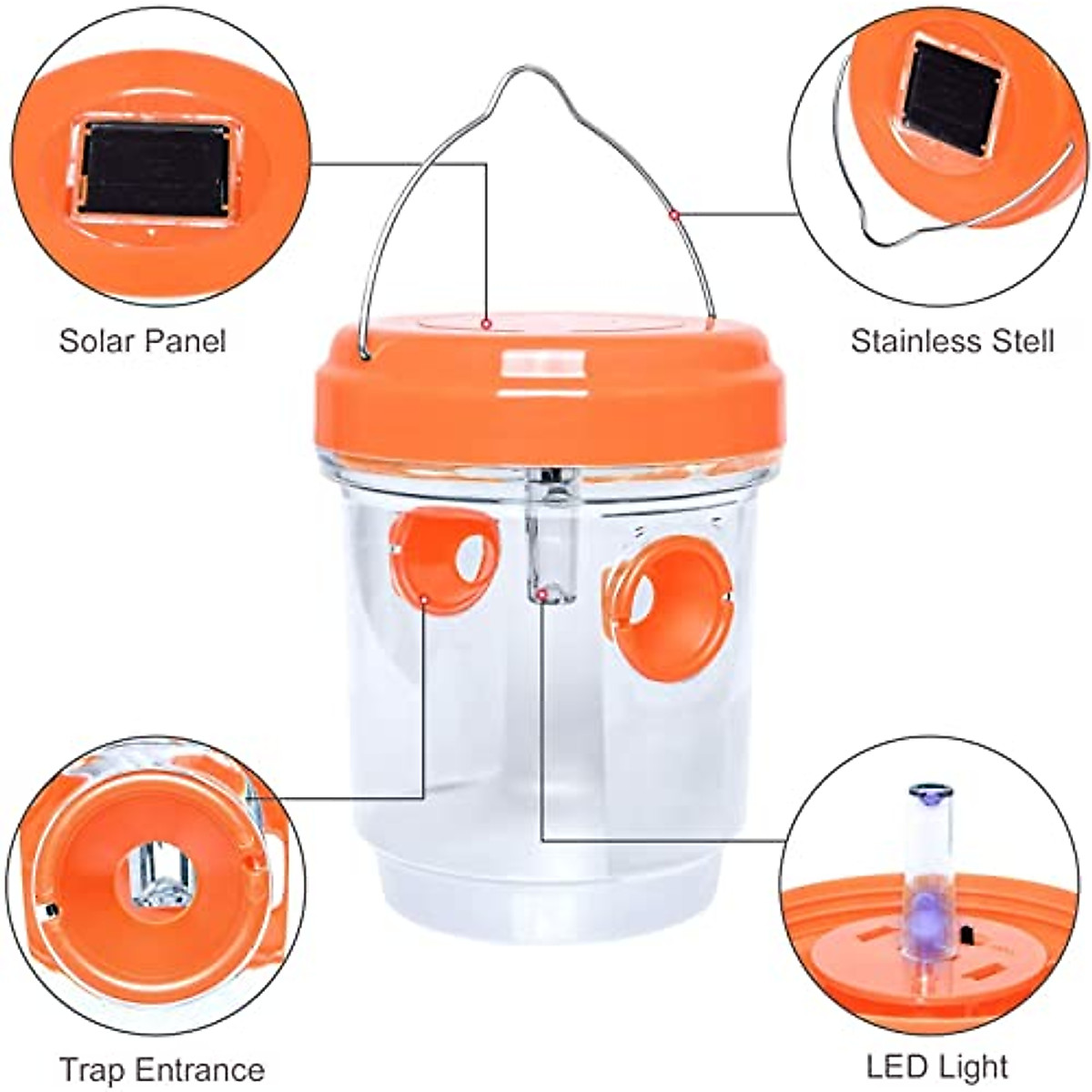 2 Pack Solar Wasp Traps Outdoor, Solar Powered Wasp Cather Hanging with Light, Reusable Bee Trap Catcher Outdoor for Hornets, Yellow Jackets Killer