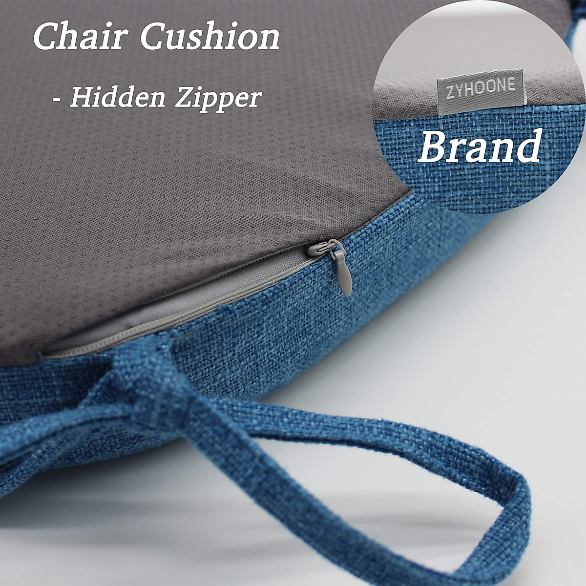 ZYHOONE Seat Cushions for Kitchen Chairs - Dining Room Metal Wooden Non Slip Chair Cushion Pads with Machine Washable Cover and Ties [14.5 X 15.5 X 2 Inches] - Blue