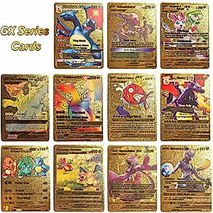 Ultra Rare 55 PCS Gold Cards Packs Vmax DX GX Rare Golden Cards TCG Booster Box Gold Foil Card for Kids Birthday Party Favors Gifts (No Duplicates) (Gold)