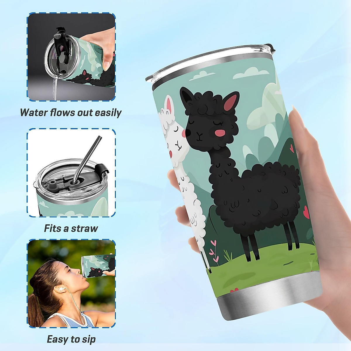 Wassud Cartoon Alpaca 20 oz Tumbler with Lid and Straw Stainless Steel Double Wall Vacuum Tumblers Insulated Travel Coffee Mug for Cold and Hot Drinks
