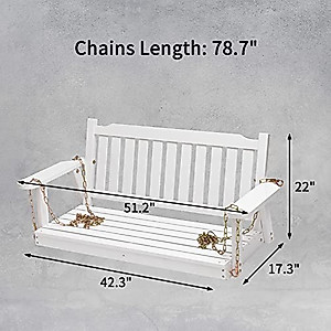 ALIMORDEN 2 Person Porch Swing, Wooden Outdoor Swing Bench with Chains, Finished Hanging Bench for Garden, Courtyard, Lawn & Balcony, White