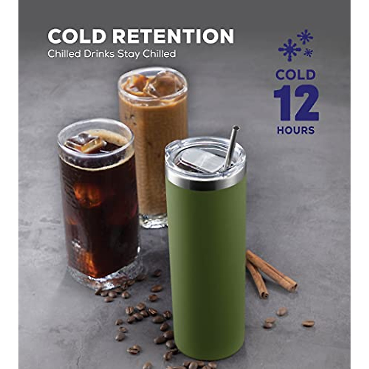 Insulated Skinny Stainless Steel Tumbler Set - 4-Pack 20oz Tumbler with Straw - Travel Coffee Mug With PBA Free Lids - Slim Vacuum Insulated Keep Hot and Cold - Great for Home, Office.