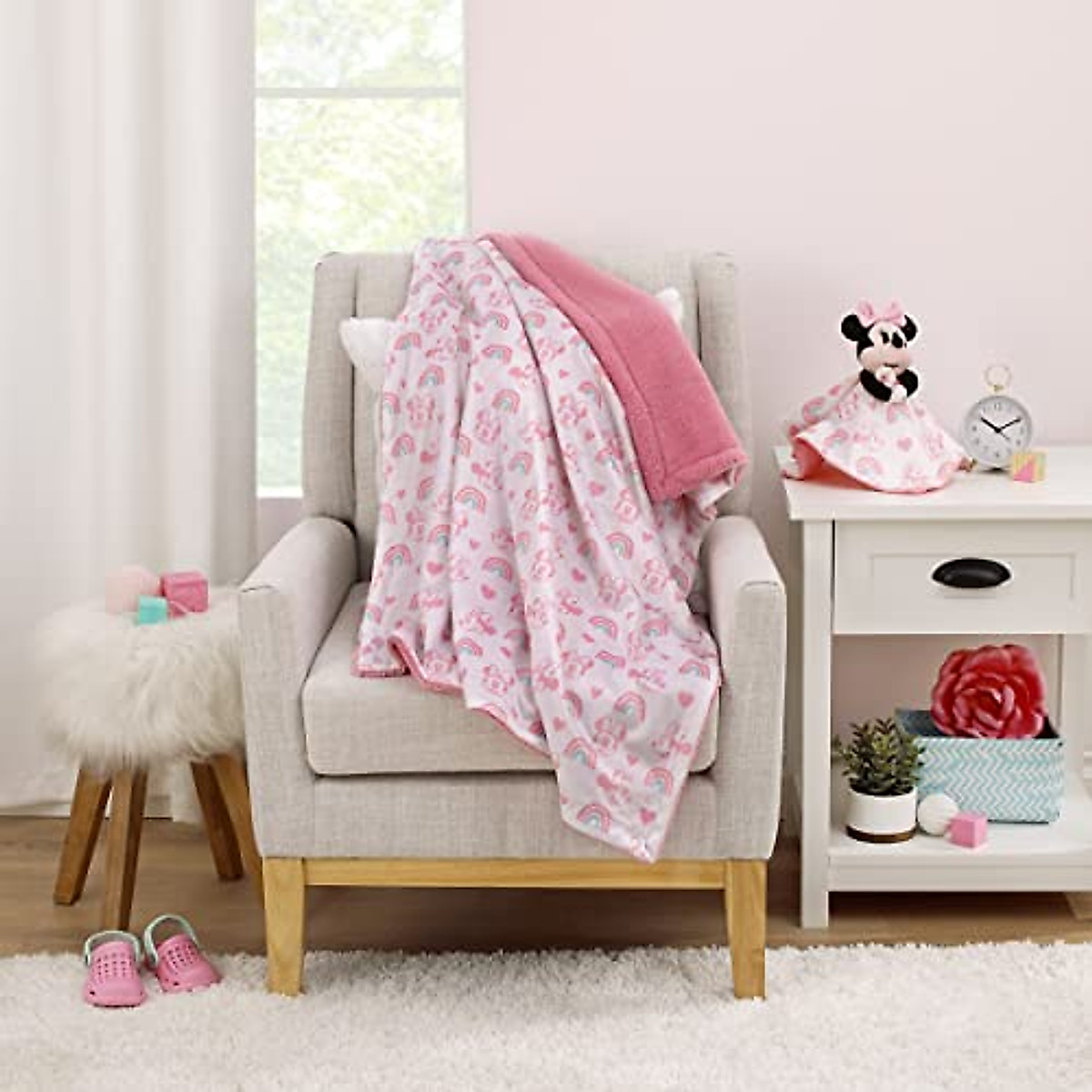 Disney Minnie Mouse White, Pink, and Aqua Rainbows and Hearts Super Soft Sherpa Baby Blanket and Security Blanket 2-Piece Set