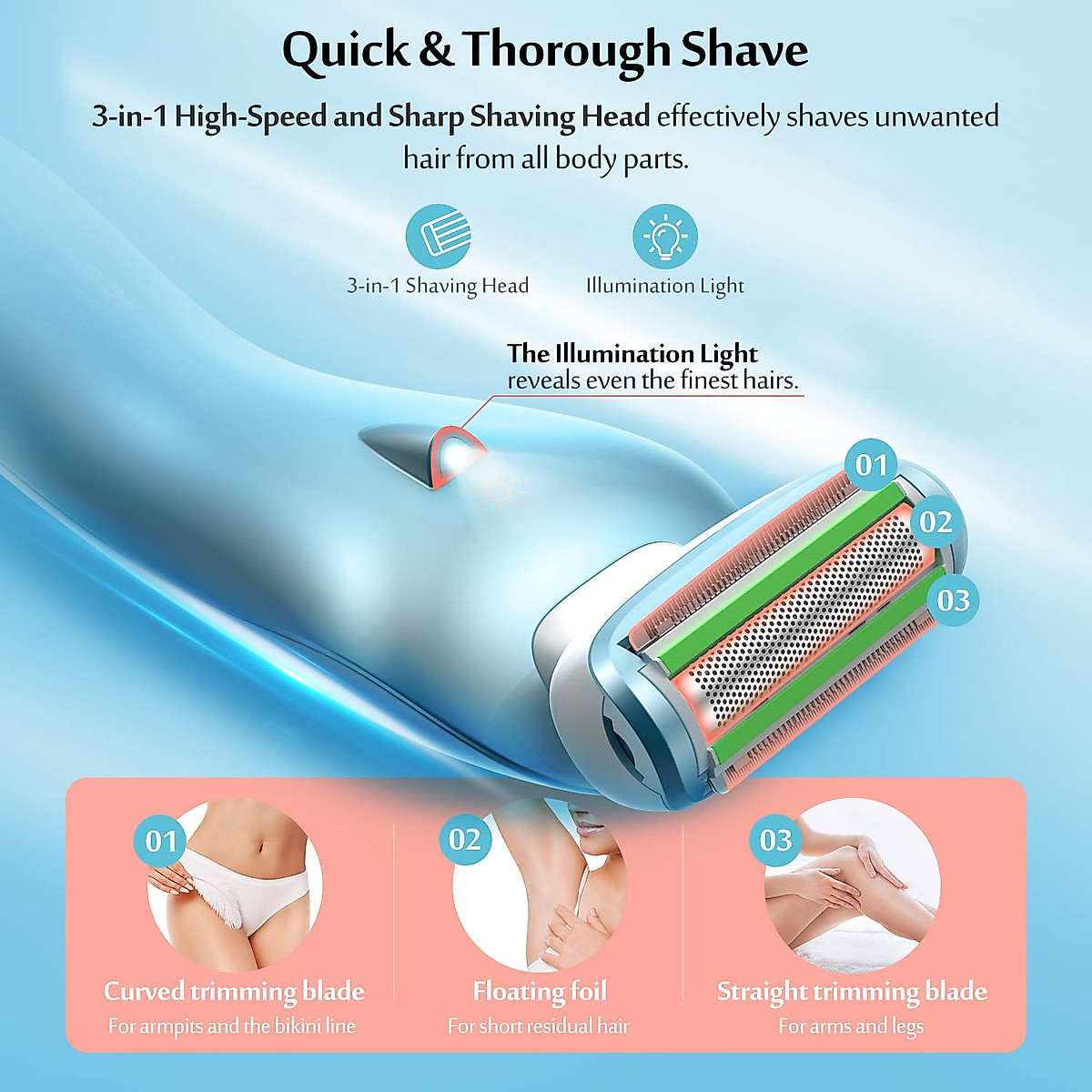 Electric Shaver for Women, Ribivaul Women's Electric Razor for Legs and Underarms, Cordless Ladies Electric Razor for Women Pubic Hair, 3-Blade in 1 Foil Shaver and Bikini Trimmer, Wet & Dry Use, Blue