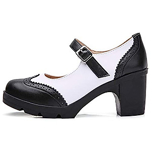 DADAWEN Women's Chunky Low Block Heels Mary Jane Closed Toe Work Pumps Comfortable Round Toe Oxfords Dress Wedding Shoes Black/White US Size 8.5