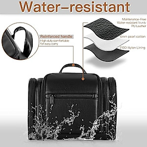Elviros Travel Hanging Toiletry Bag for Women and Men, Large PU Leather Toiletries Organizer, Water-resistant Bathroom Shaving Kit for Cosmetics, Makeup Case (Extra Large, Black)
