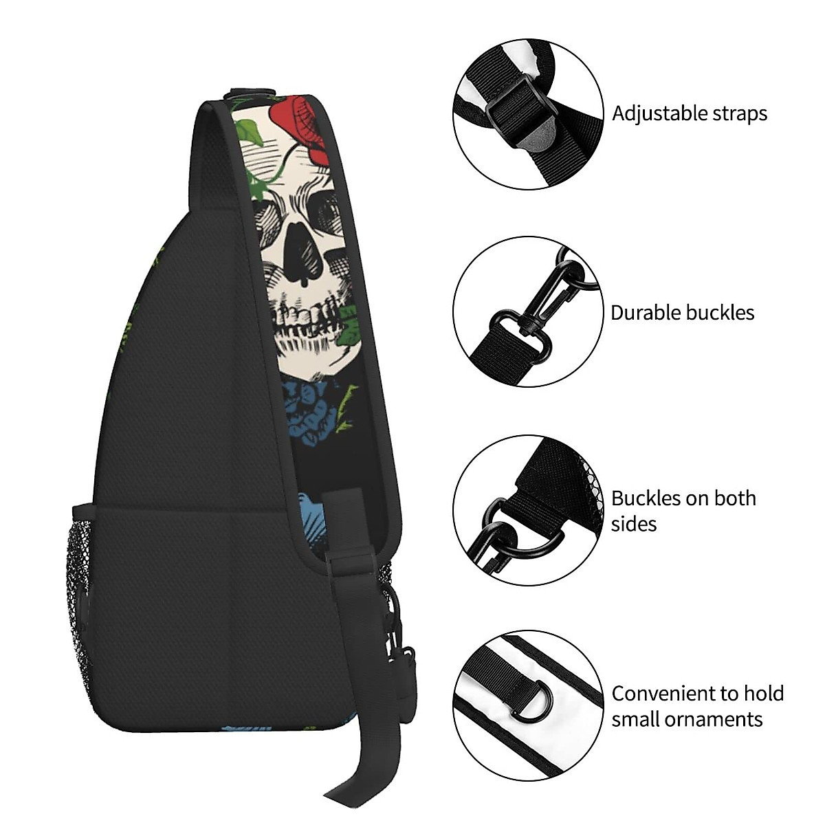 Yrebyou Skull Sling Bag Crossbody Shoulder Backpack for Women Men Hiking Travel Small Lightweight with Strap Daypack Cross Chest Bag Over Side Pack with Adjustable Strap Bottle Holders