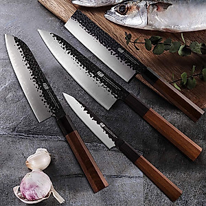 FINDKING 5Pcs Knife Set Dynasty series-3 layer 9CR18MOV clad steel w/octagon handle Chef's Knife with 18'' Acacia Wood Magnetic Knife Strip