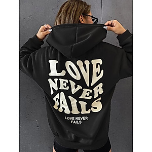 Women Pullover Slogan Graphic Drop Shoulder Letter Print Drawstring Long-Sleeved Hooded Casual Blouse Sweater Hoodie for