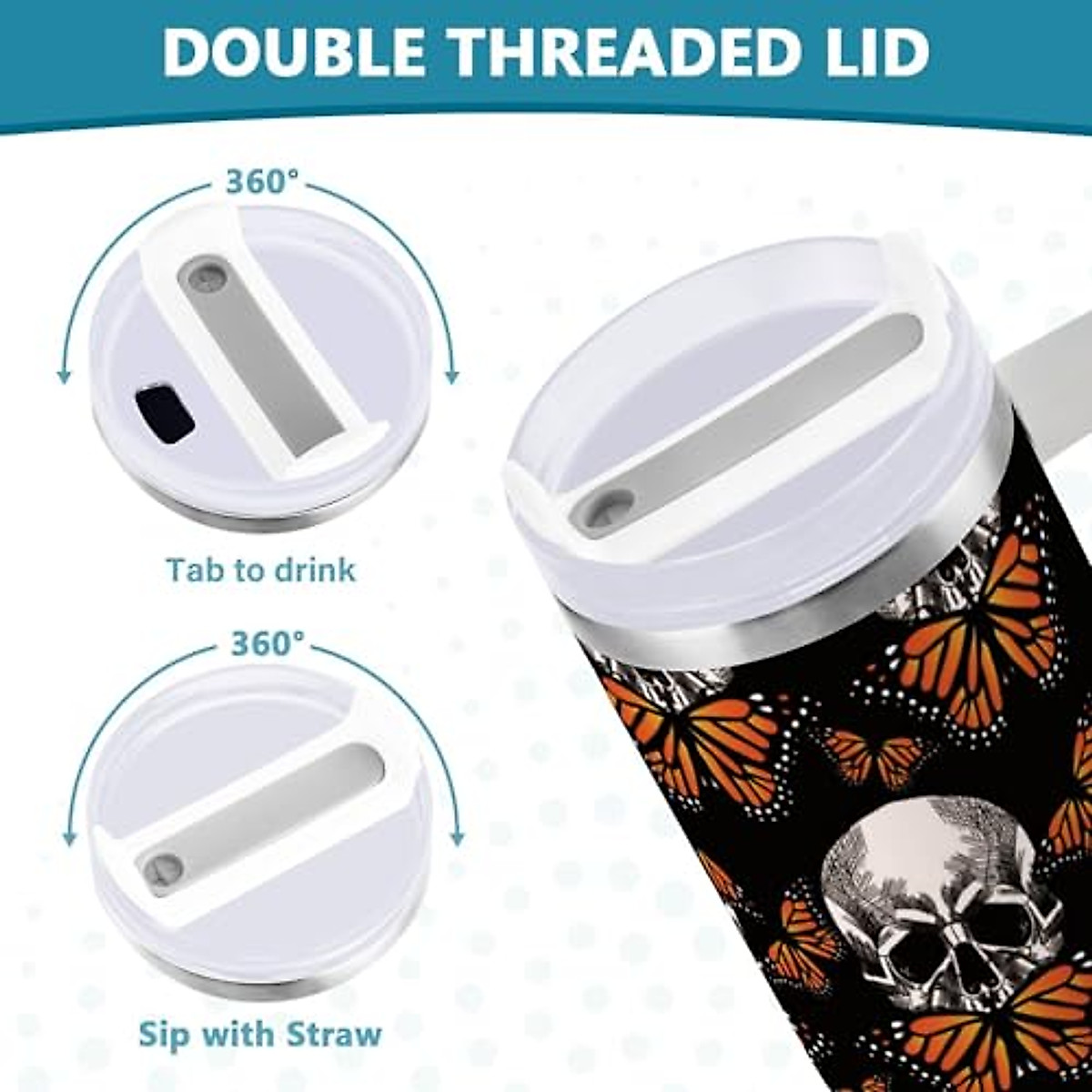 Slewiaeky Tumbler with Handle 40 oz Skull Butterfly Orange Travel Mug with Lid and Straw Stainless Steel Vacuum Insulated Water Bottle Cup for Iced Tea Coffee Cold Beverages Cup Holder Friendly