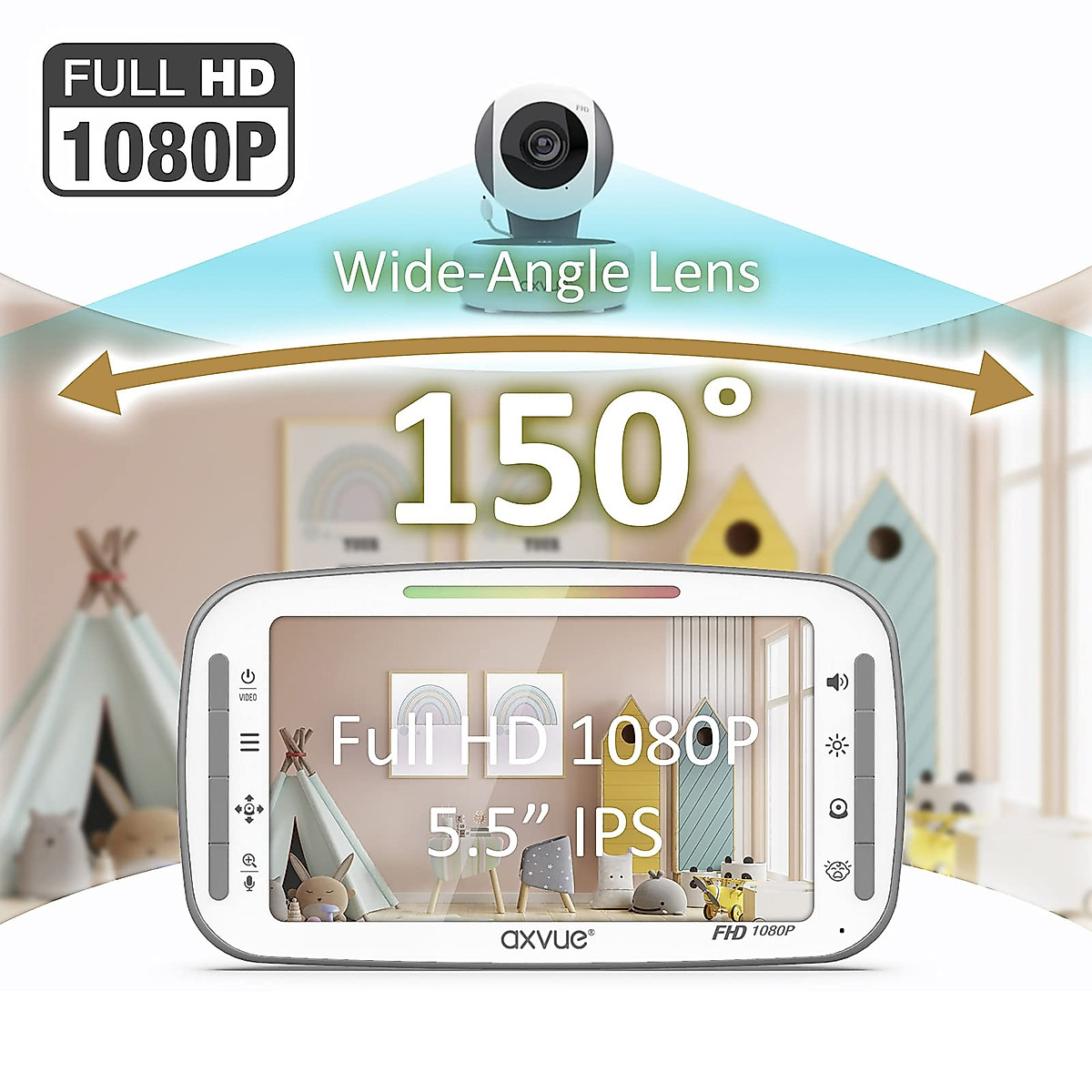 Video Baby Monitor,1080P Full HD Ultra Clear Image Quality,5.5" IPS Screen Monito,Pan Tilt Camera,Range up to 1000ft,18h Battery Life,2-Way Talk,Split Screen,Night Vision,Temperature Monitor,No WiFi.